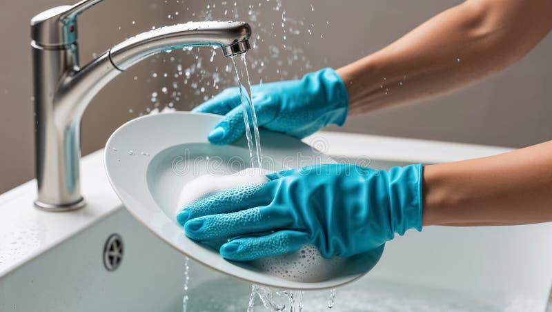 Female Hands in Rubber Gloves Washing Plate in the Kitchen Stock ...