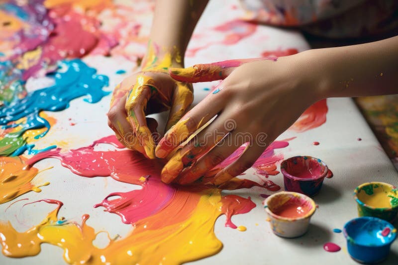 Female Hands Smeared with Paint Create Abstract Painting on Canvas ...