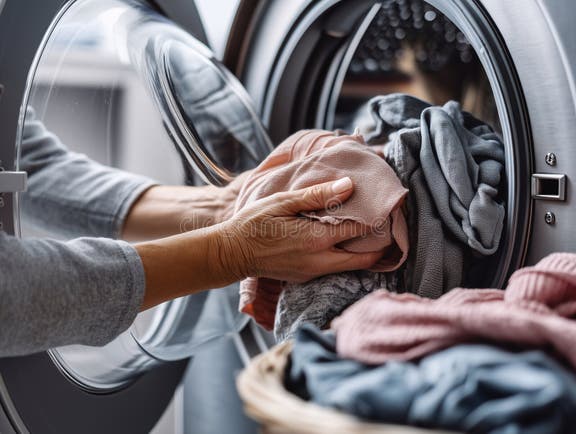 Female Hands Sorting Out Washed Items from a Washing Machine in a ...
