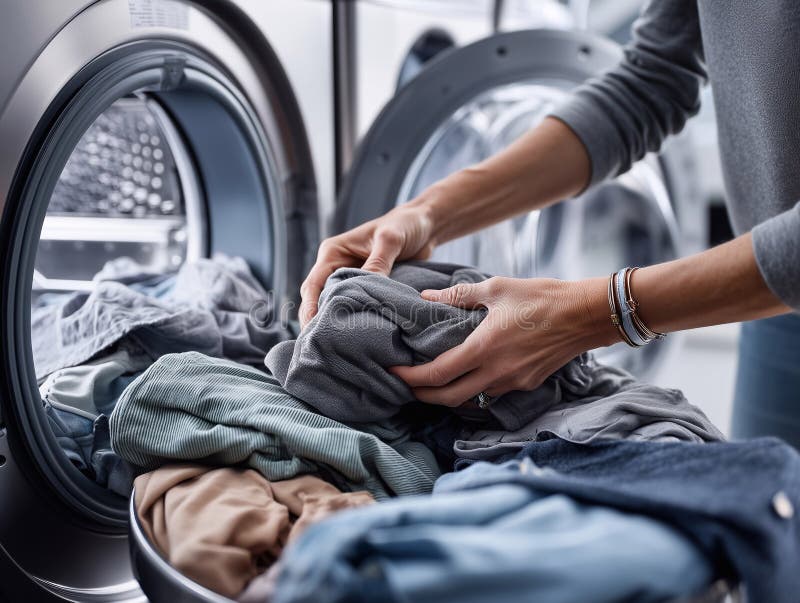 Female Hands Sorting Out Washed Items from a Washing Machine in a ...