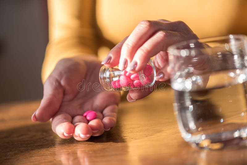 Female Hands Taking Medication, Hard Light Stock Image - Image of ...