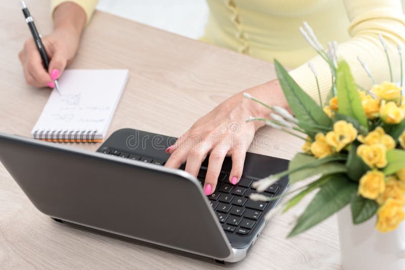 Female Hands Taking Notes and Working on Laptop Stock Photo - Image of ...
