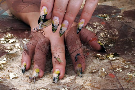 Female Hands with Toy Insects Stock Photo - Image of flowers, purple ...