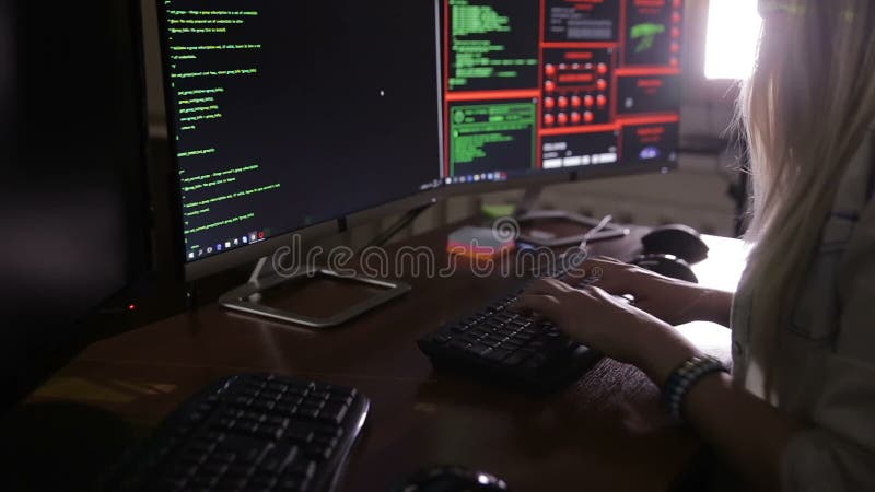 Female Hands Typing Computer Code, Hacking Computer at a Dark Room ...