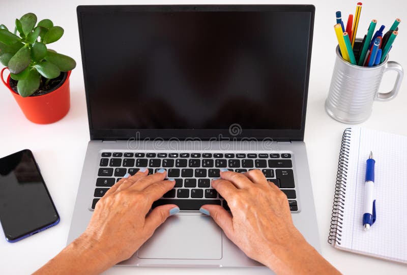 Female Hands Typing on Laptop Computer. Blank Screen Stock Photo ... Female Hands Typing on Laptop Computer. Blank Screen Stock Photo ...