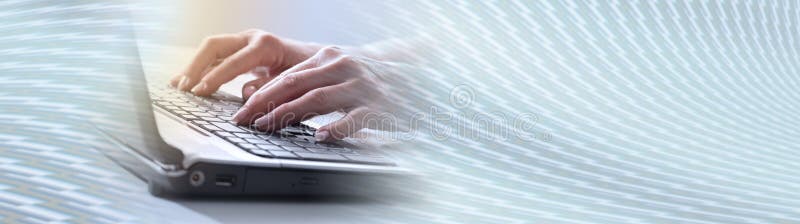 Hands Typing on a Laptop Keyboard, Light Effect. Panoramic Banner Stock ...
