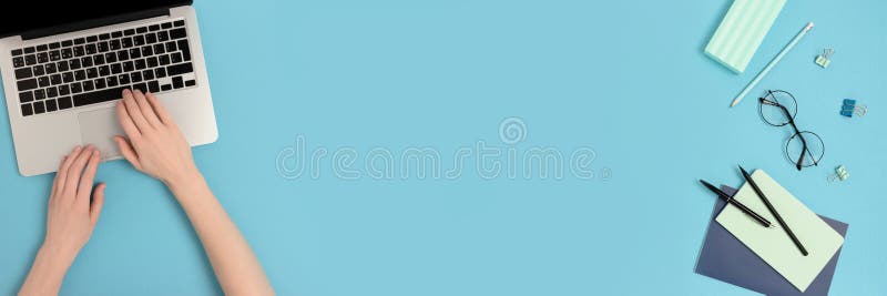 Female Hands Typing on Laptop. Student Workspace. Banner with Copy ...