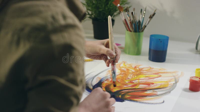 Female Hands Using Brush for Dawing by Table at Home Stock Footage ...