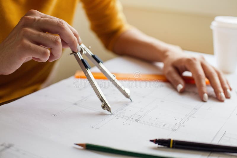 Female Hands Using Compass for a Technical Drawing Stock Image - Image ...