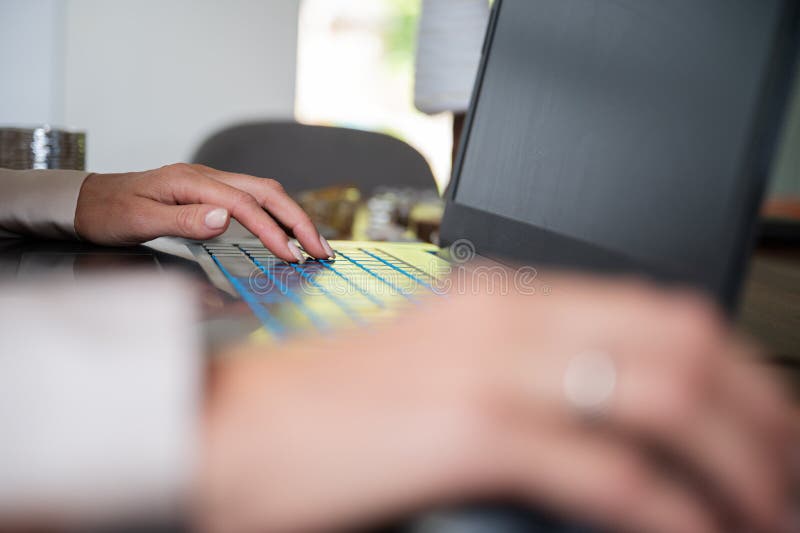 Female Hands Using Computer Mouse and Typing on Laptop Stock Photo ...