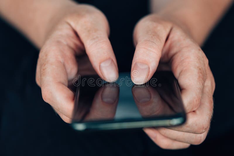 Female Hands Using Modern Mobile Phone To Type Text Message Stock Photo ...