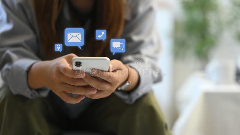 Female Hands Using Smartphone with Notification Icons. Communication ...