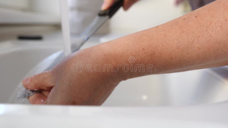 Female Hands Washing Kitchen Knife in Sink Stock Video - Video of food ...