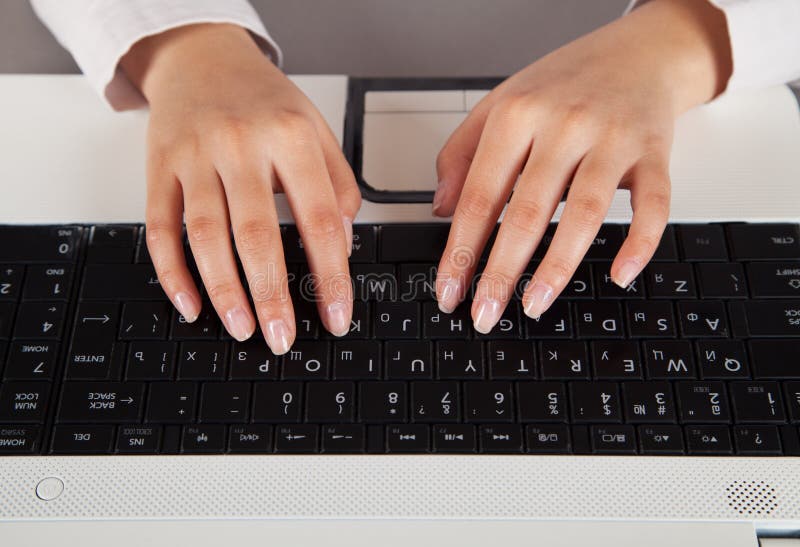 Female Hands on a White Computer Keyboard Stock Photo - Image of hand ...