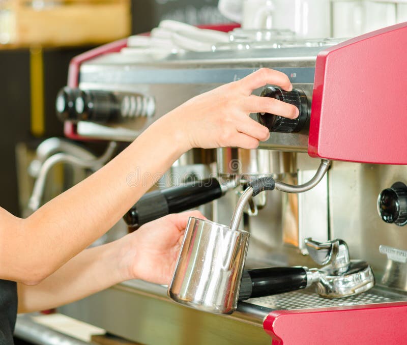 Female Hands Working Operating Industrial Coffee Maker, Steaming Milk ...