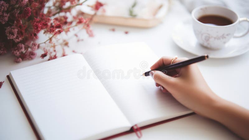 Female Hands Write in a Notebook at the Desk. Write Woman Top View ...