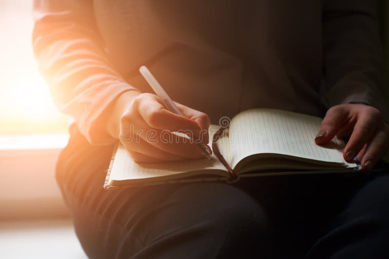 Female Hands Writing Notes on Notebook Stock Image - Image of book ...
