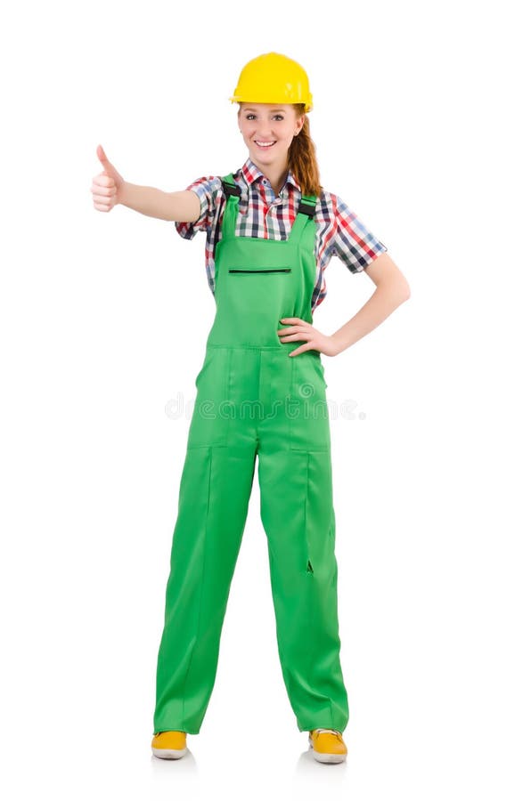 Female Handyman in Overalls Isolated on the White Stock Photo - Image ...
