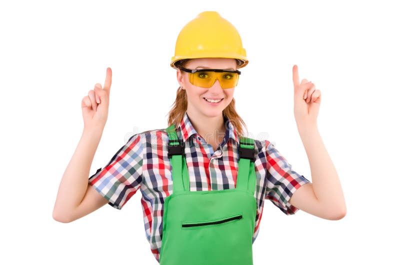 Female Handyman in Overalls Isolated on the White Stock Image - Image ...