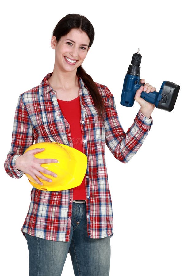 Female Handywoman with Drill Stock Image - Image of carpenter, cheerful ...
