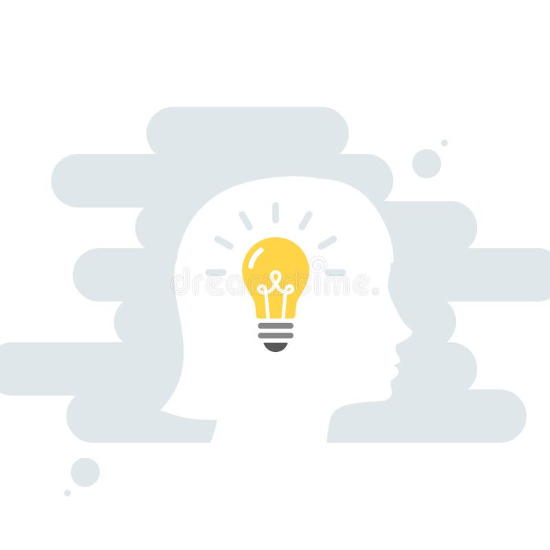 Female Head and Brain Vector Icon. Light Bulb. Concept of Creativity ...