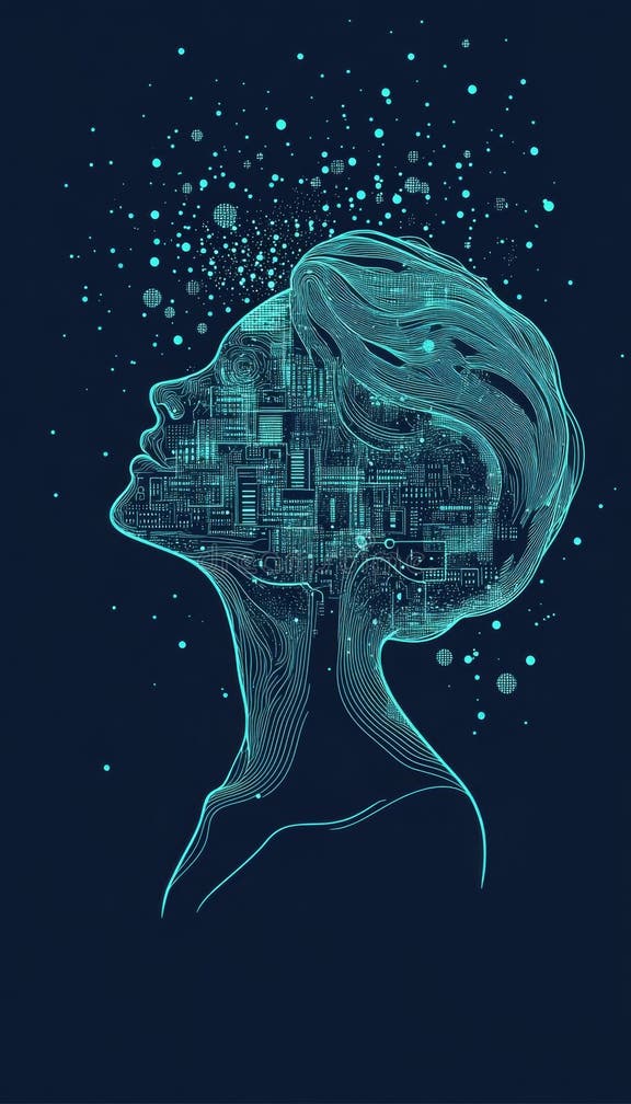 Female Head Silhouette, Motherboard Patterns, Binary Code, Turquoise ...