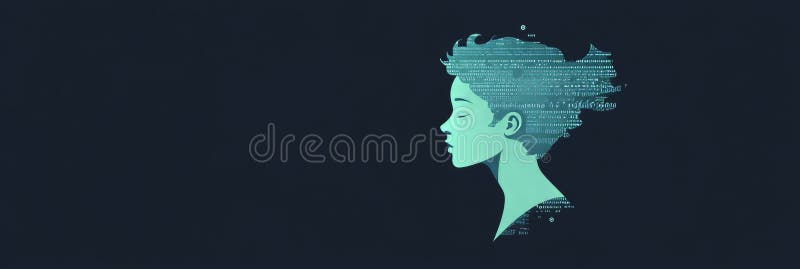 Female Head Silhouette, Turquoise Motherboard and Binary Code on Dark ...