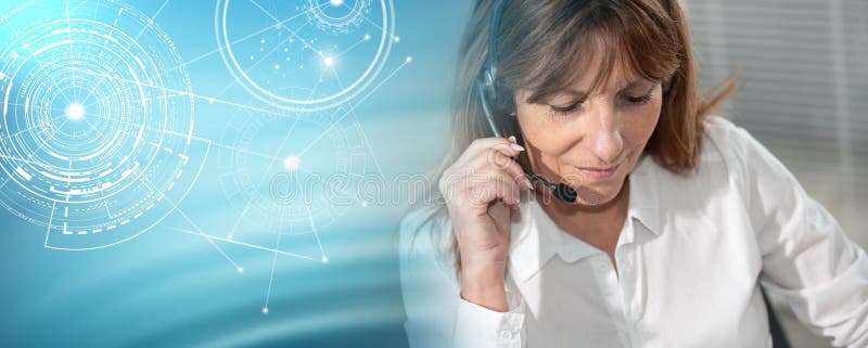 Female Helpline Operator in Headset; Panoramic Banner Stock Image ...