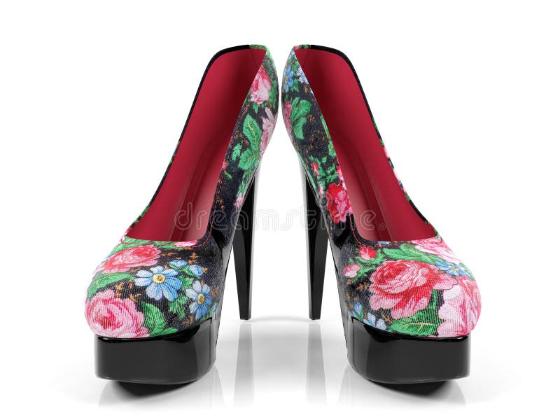 Female High Heeled Shoes with Flower Pattern Isolated, Front View Stock ...