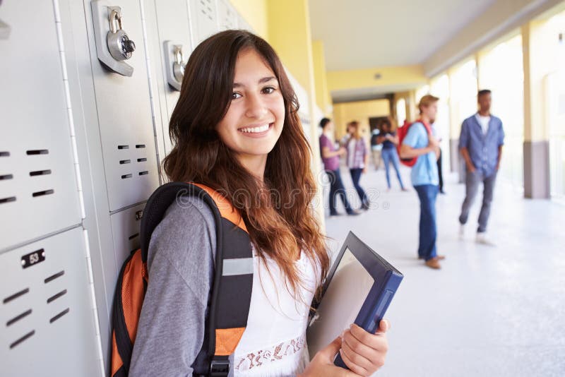 Female High School Student Standing by Lockers Stock Photo - Image of ...