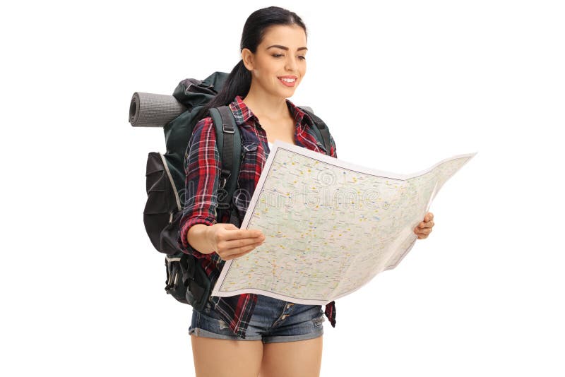 Female Hiker Looking at a Generic Map Stock Image - Image of explore ...