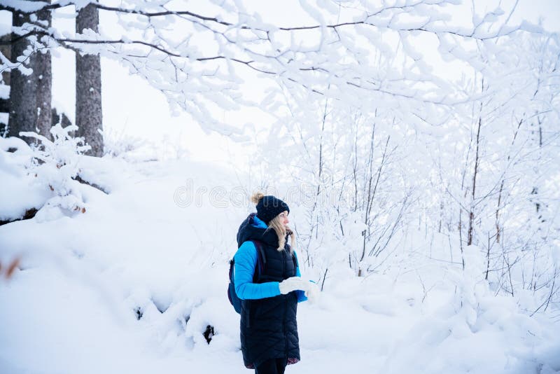 Female Hiker on a Mountain Trail on a Beautiful Winter Day. Stock Photo ...