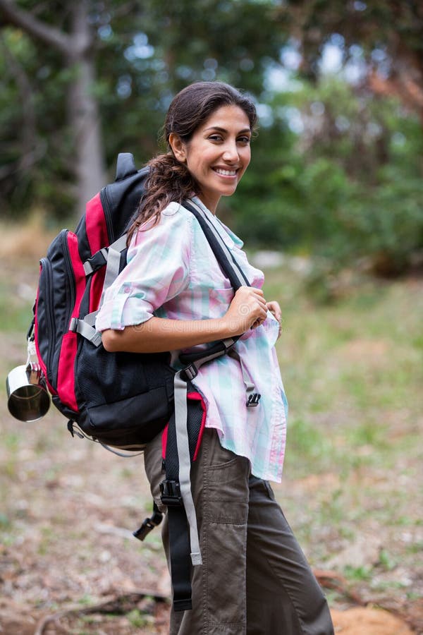 Female Hiker Standing in Forest Stock Photo - Image of adventure ...