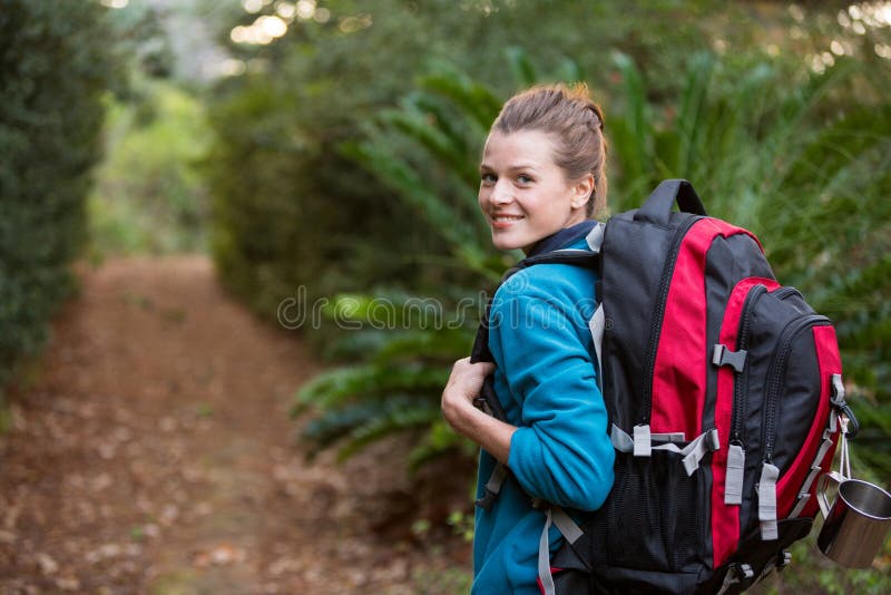 Female Hiker Standing in Forest Stock Photo - Image of adventuring ...