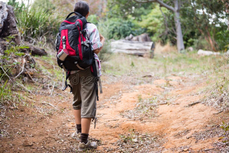 Female Hiker Walking in Forest with Backpack Stock Photo - Image of ...
