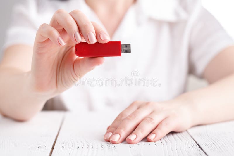 Female Hold Flash Drive in Hand on White Table Stock Photo - Image of ...