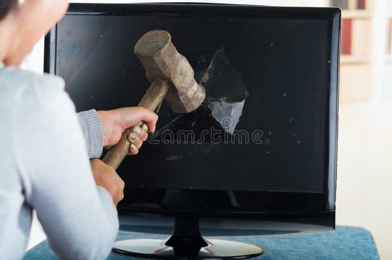Female Holding Hammer Smashing it into Computer Stock Photo - Image of ...