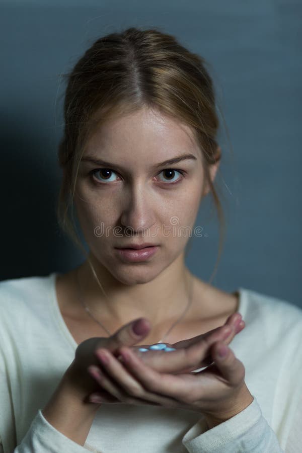 Female Holding Handful of Pills Stock Image - Image of handful, commit ...