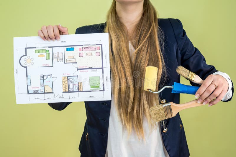 Female Holding House Plan and Work Tools. Stock Photo - Image of ...