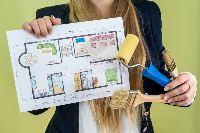 Female Holding House Plan and Work Tools. Stock Image - Image of ...