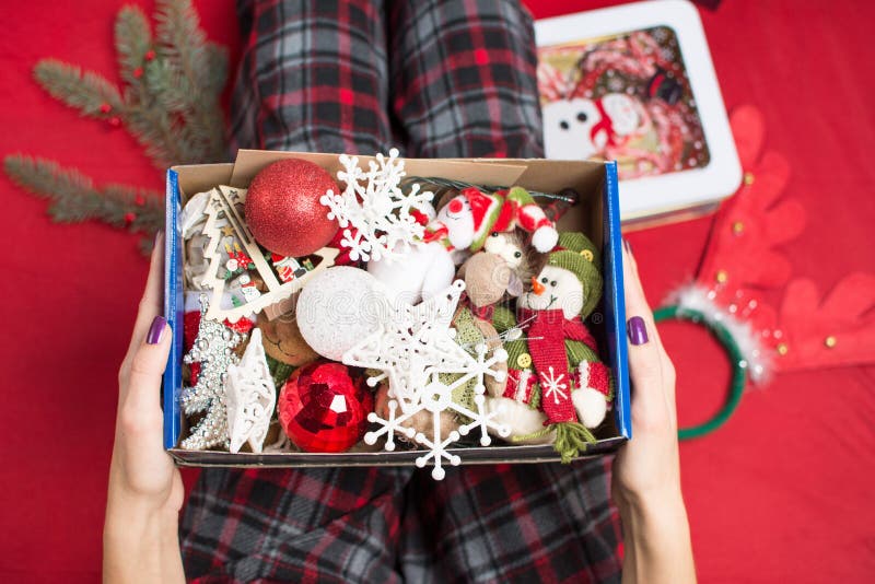 Female Holding an Opened Christmas Decoration Box Stock Image - Image ...