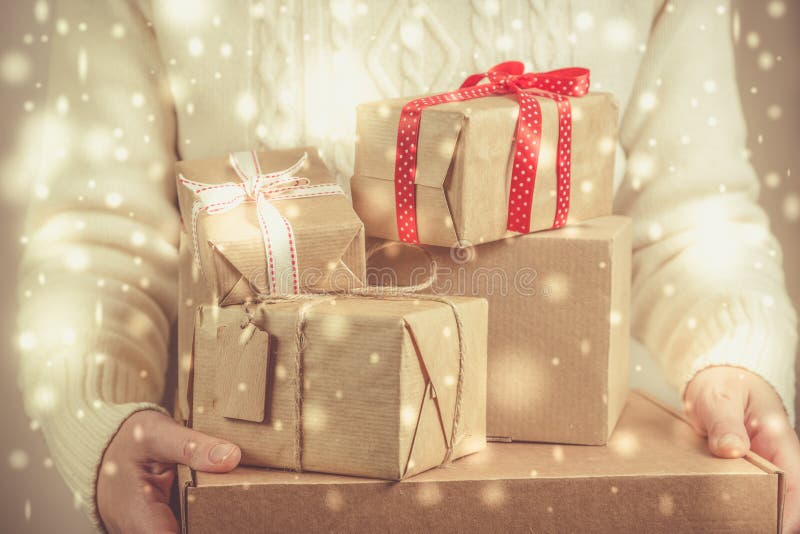 Female Holding Stack of Christmas Presents Stock Image - Image of ...