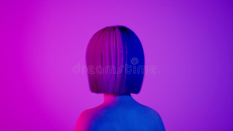 Female Hyper-realistic Robot or Cyborg Turn Around in Studio with Neon ...