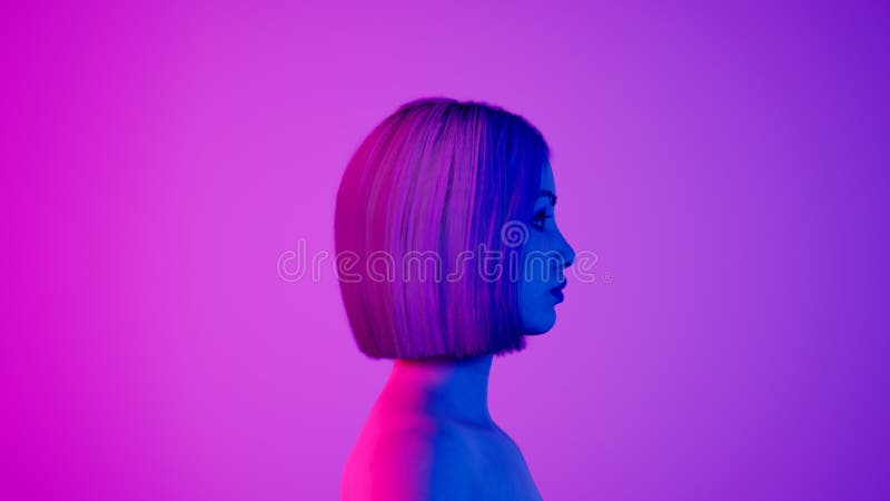 Female Hyper-realistic Robot or Cyborg Turn Around in Studio with Neon ...