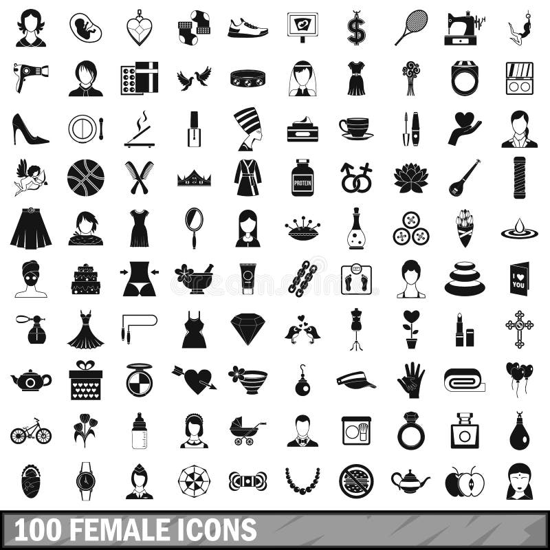 100 Female Icons Set, Simple Style Stock Vector - Illustration of cream ...