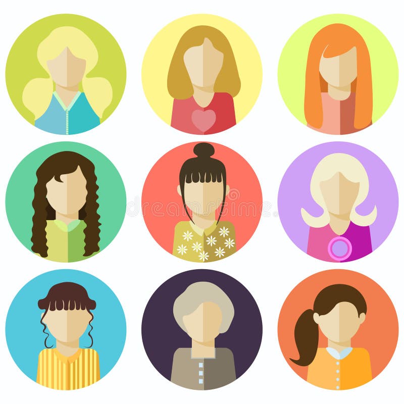 Women Circle Avatar Icon Set Stock Illustration - Illustration of ...