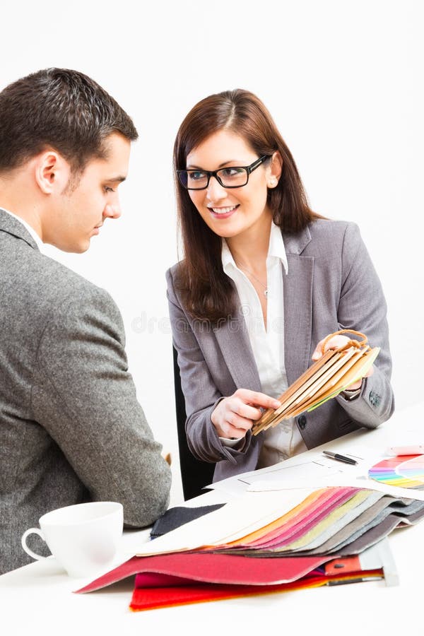 Female Interior Designer with Client Stock Image - Image of computer ...