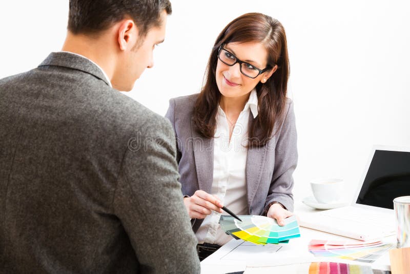 Female Interior Designer with Client Stock Image - Image of thinking ...