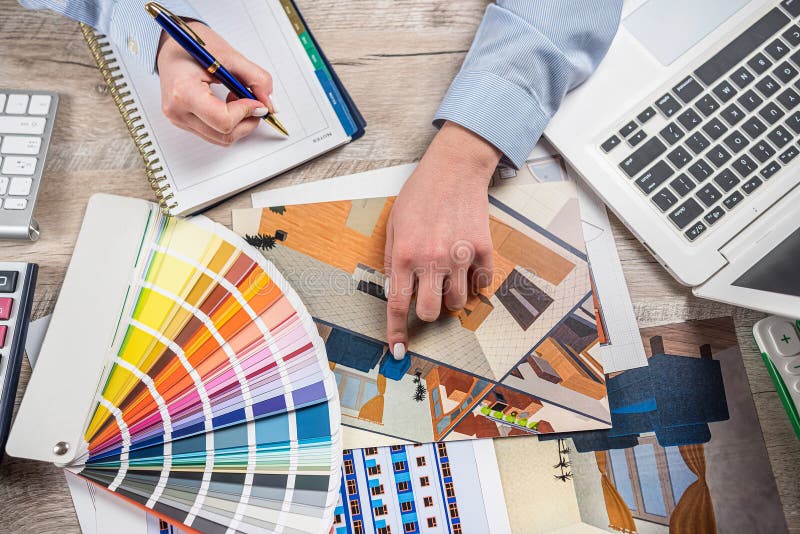 Female Interior Designer Work with Architect Plan and Color Palette Set ...