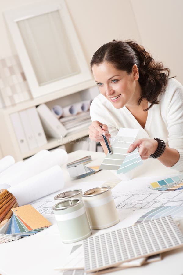 Female Interior Designer Working at Office Stock Photo - Image of table ...